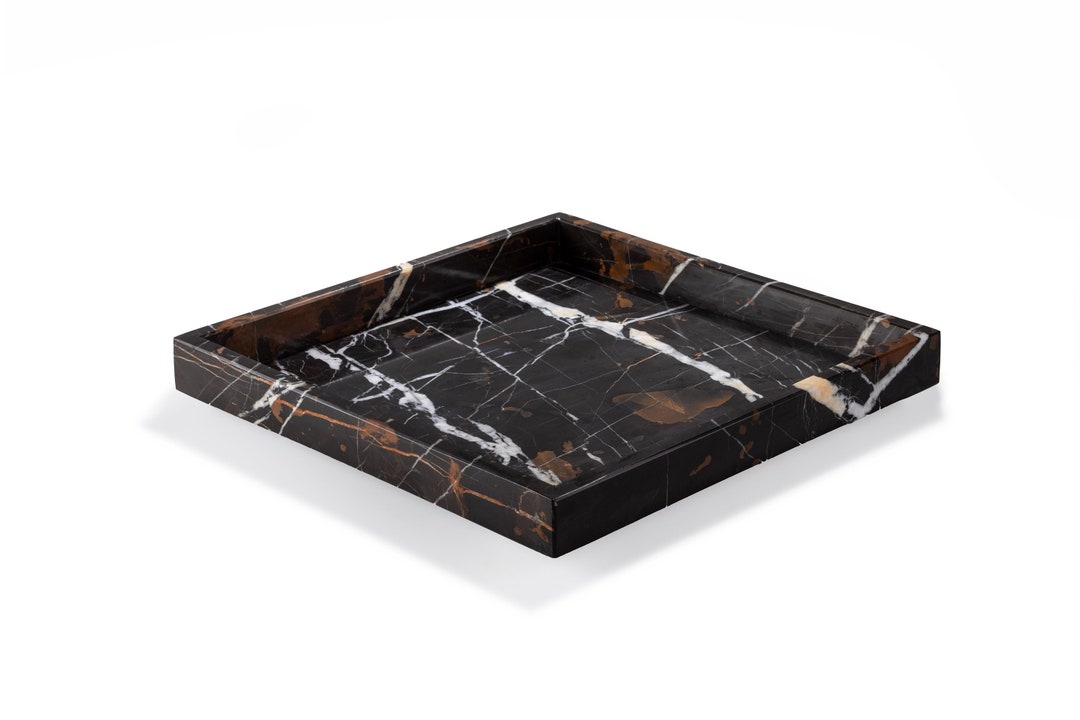 Black & Gold Marble Square Tray on Plinth (30x30cm), Large Marble Tray ...