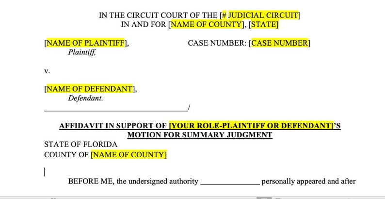 Affidavit in Support of Motion for Summary Judgment in FLORIDA Sworn Statement Under Oath to ...