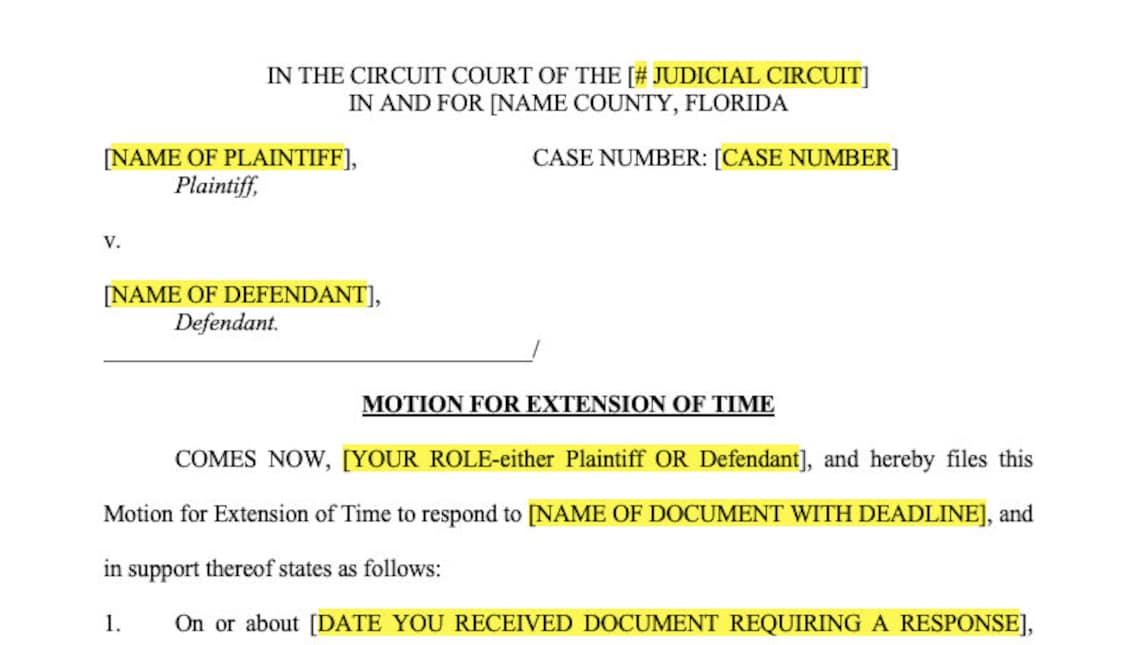 Motion for Extension of Time Legal Document Requesting the Court for ...