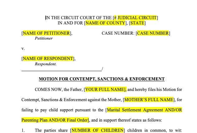 Motion to Enforce Child Support Payments Mother's Failure to Pay Child ...