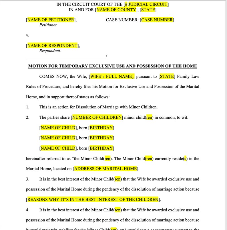 Motion for Exclusive Use and Possession of the Marital Home (wife's ...
