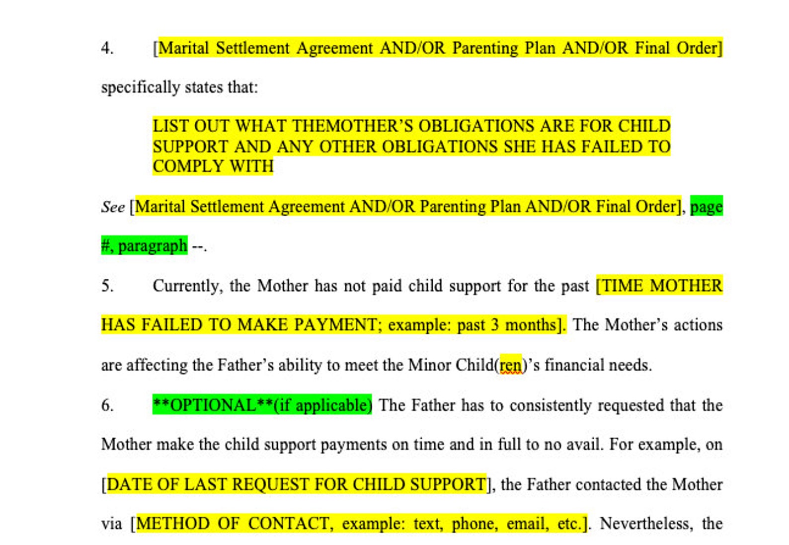 Motion to Enforce Child Support Payments Mother's Failure to Pay Child ...