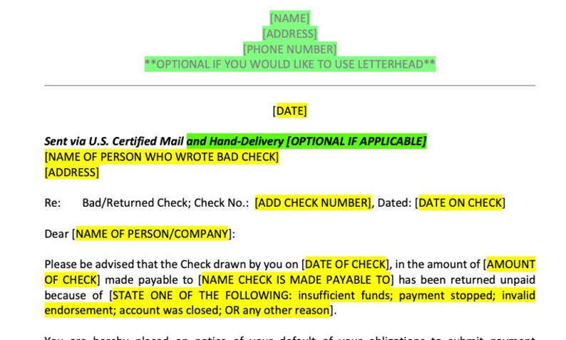 Demand Letter for Bad Check Letter Demand Letter Returned Check Payment ...
