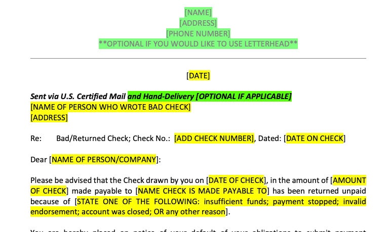 Demand Letter for Bad Check Letter Demand Letter Returned Check Payment ...