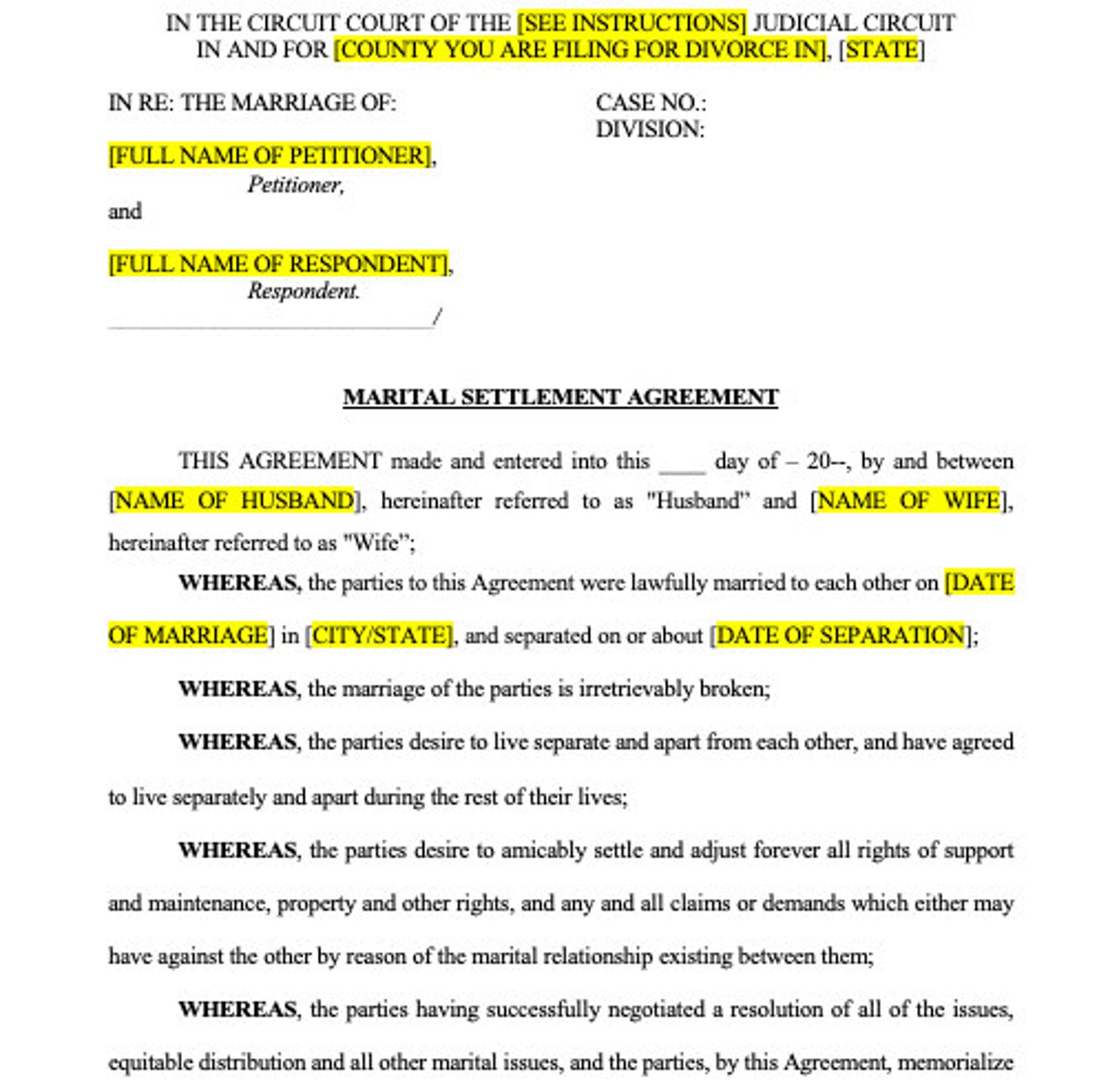 Marital Settlement Agreement: Divorce With Property (no Kids) - Etsy