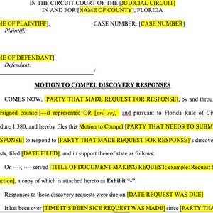 Florida Motion to Compel Discovery After Deadline Has Passed Court Motion - Etsy