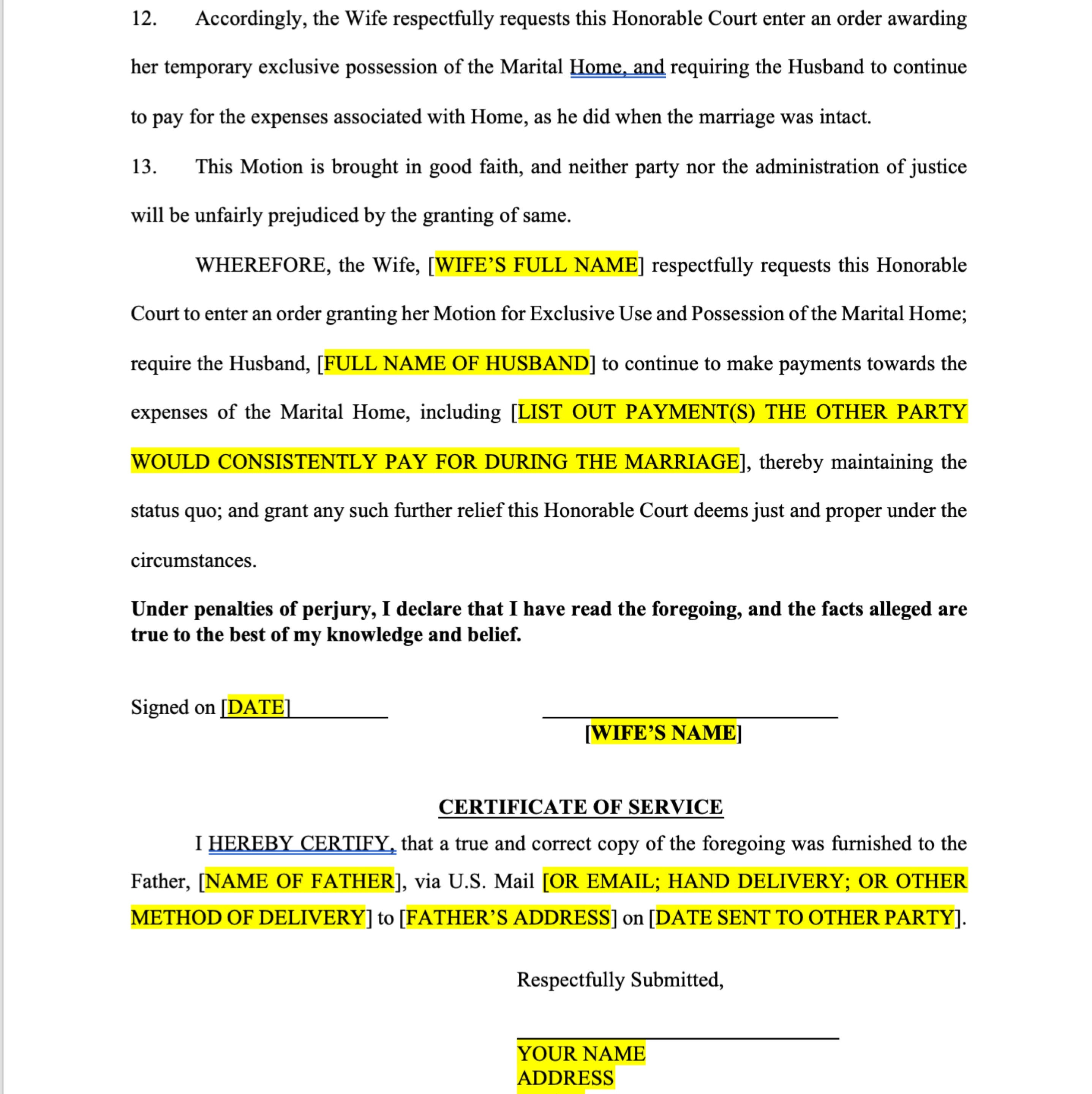 Motion for Exclusive Use and Possession of the Marital Home (wife's ...