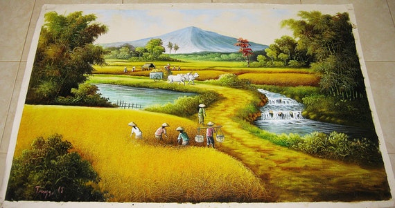 Waterfall And Rice Harvest Feng Shui Painting Symbol of Prosperity Wall ...