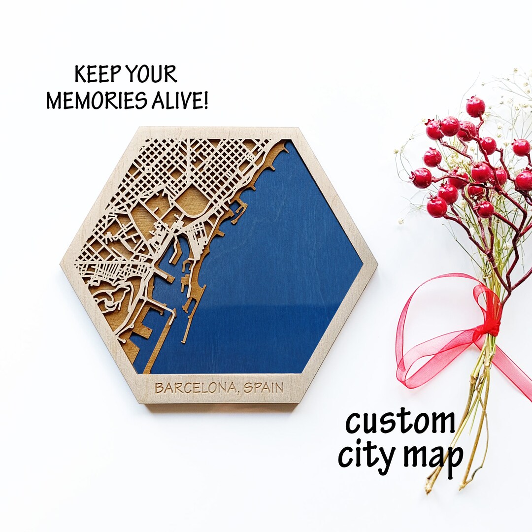 Barcelona Wood City Map: Personalized Epoxy Resin Travel Magnet - Etsy
