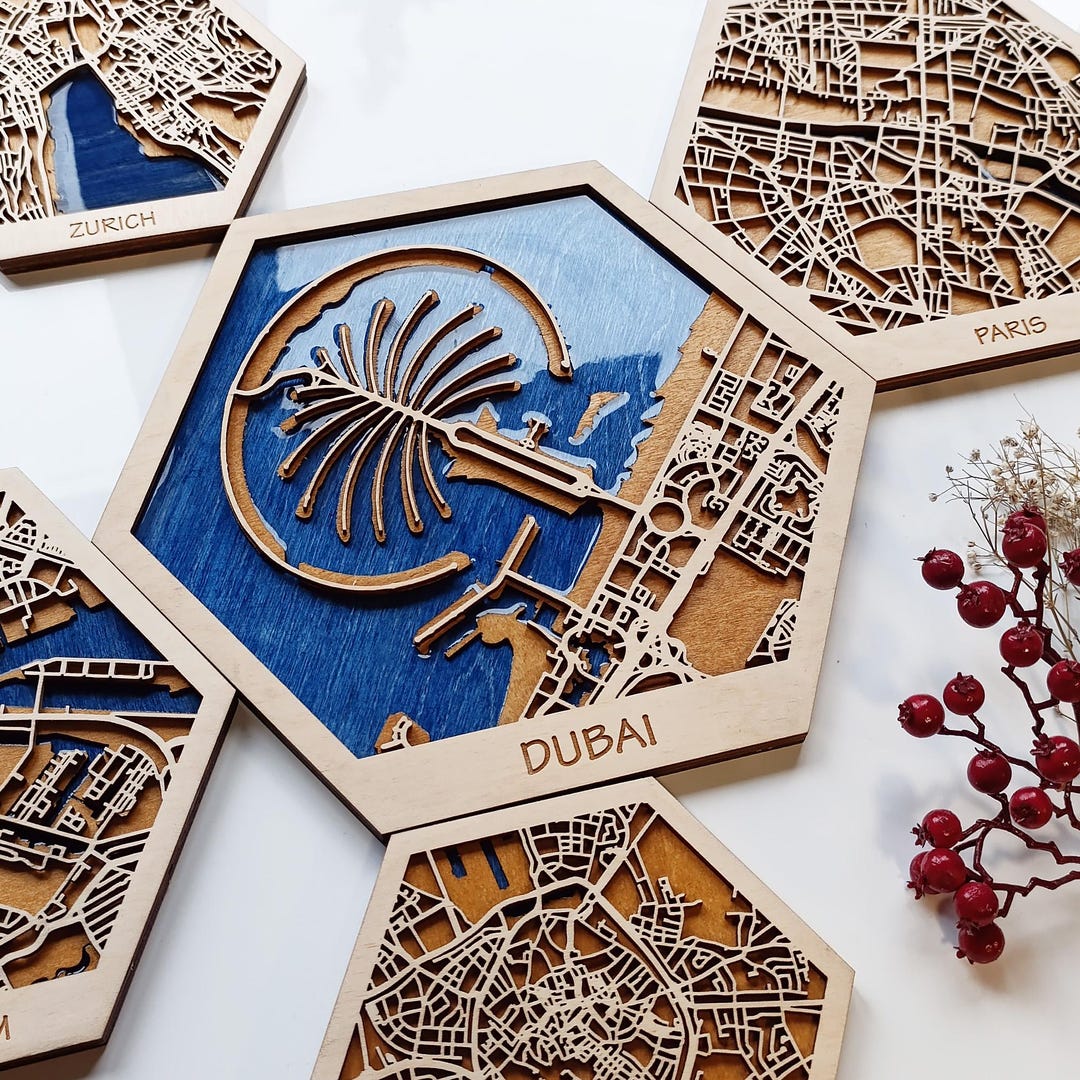 Laser-cut 3D Wooden Dubai City Map: Hexagonal Wall Art - Etsy