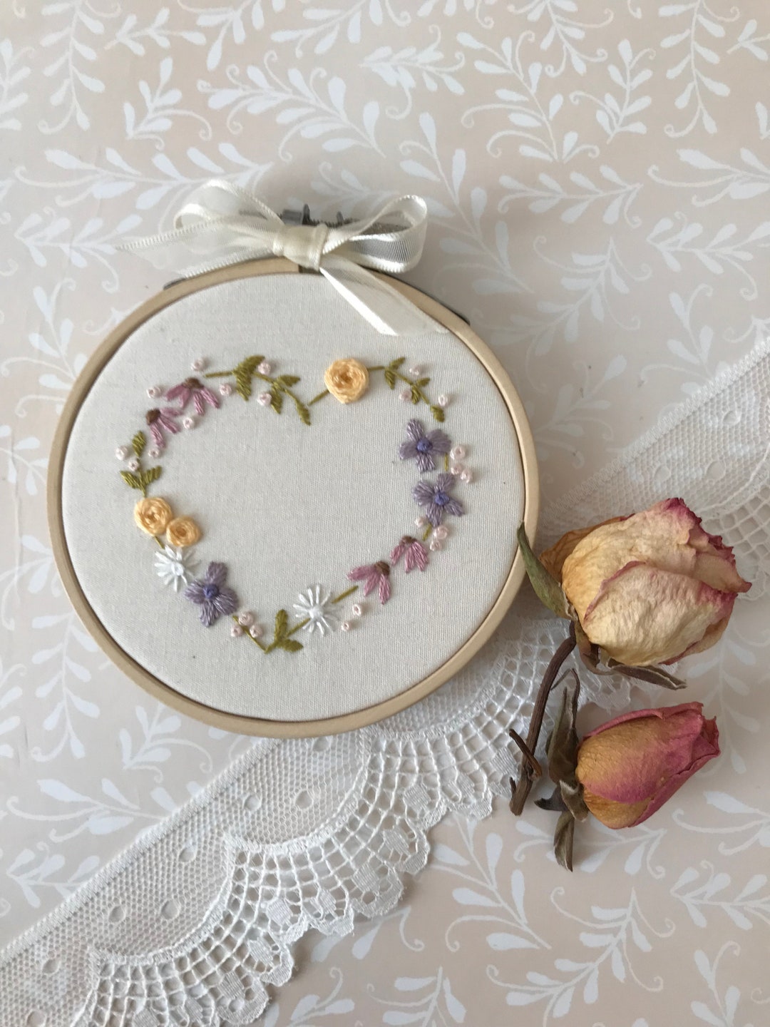 Floral Heart Embroidery, Heart, Flowers, Handmade, Hoop, Wall Art ...