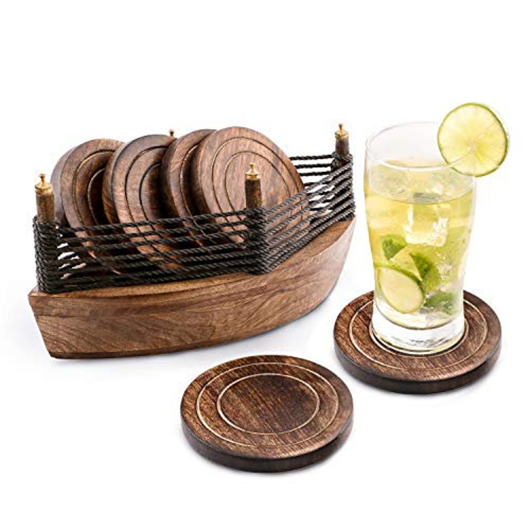 Divit Wooden Boat Coasters for Drinks, Eco-friendly, Absorbent, Antique ...