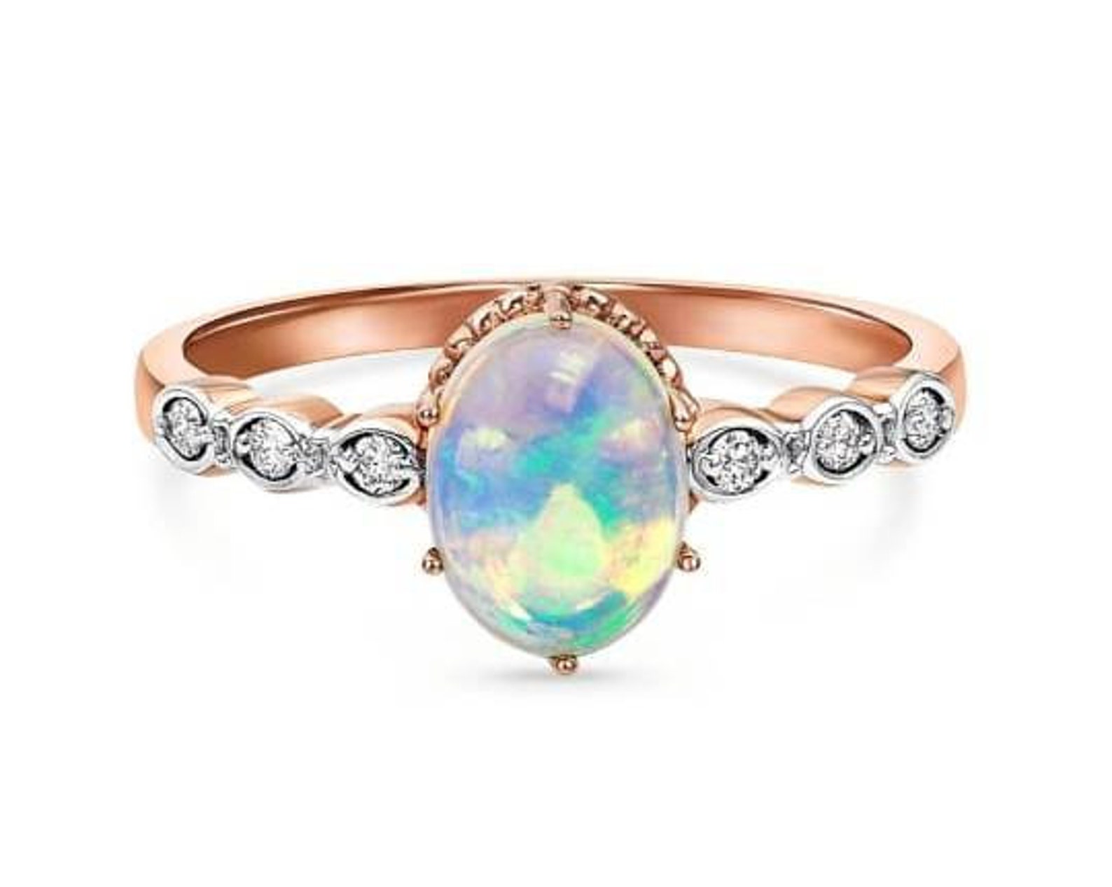 Faceted Oval Cut Opal Engagement Ring Rose Gold Women.antique | Etsy