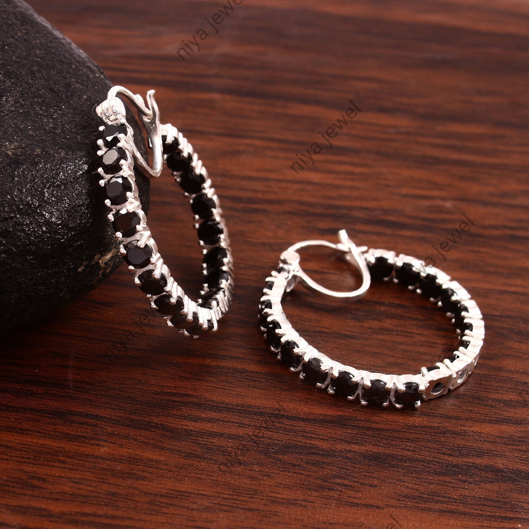 Black Hoop Earrings in Sterling Silver, Onyx Hoops ,dainty Hoops, Hoop ...
