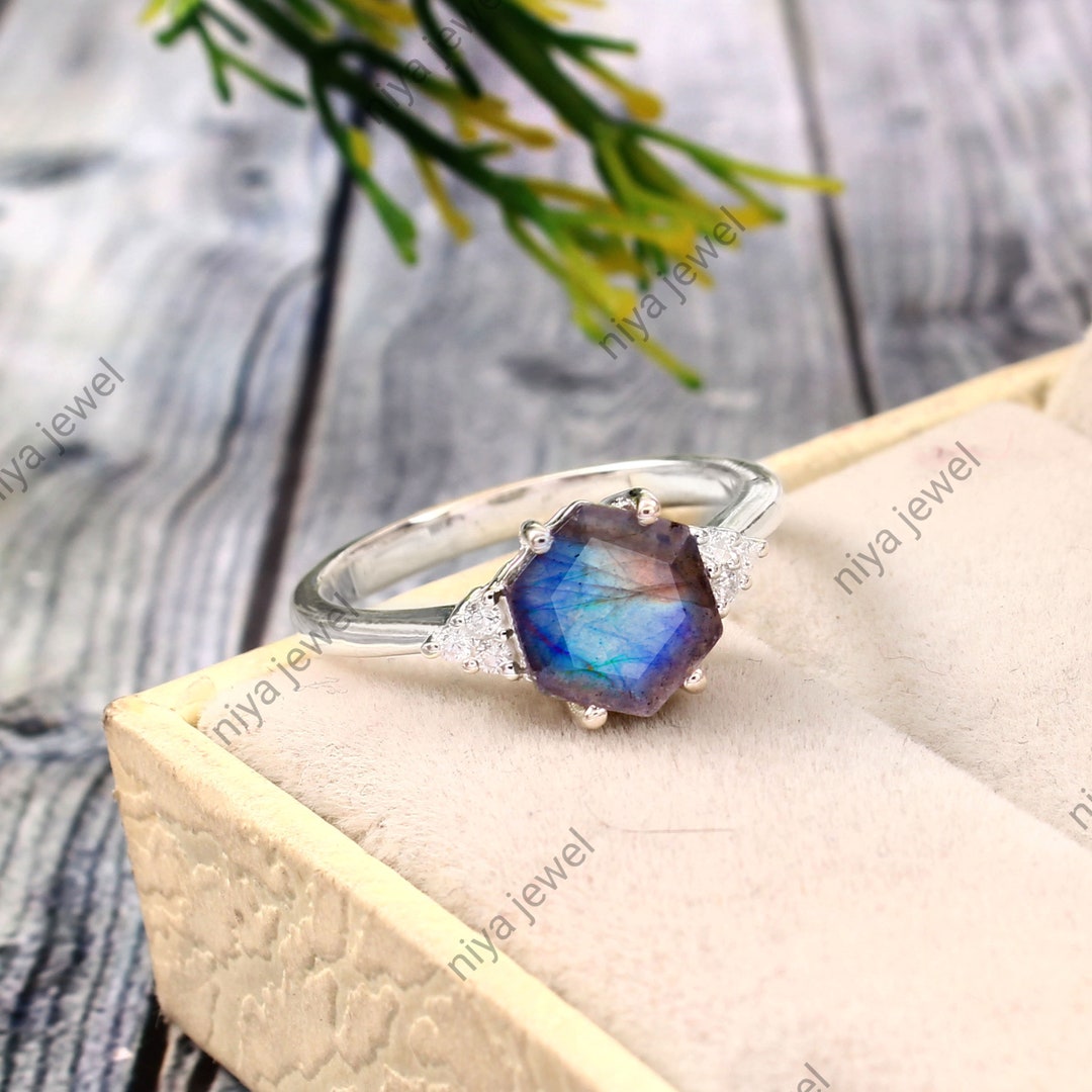Art Deco Hexagon Cut Labradorite Engagement Ring, Vintage Blue Gemstone ...