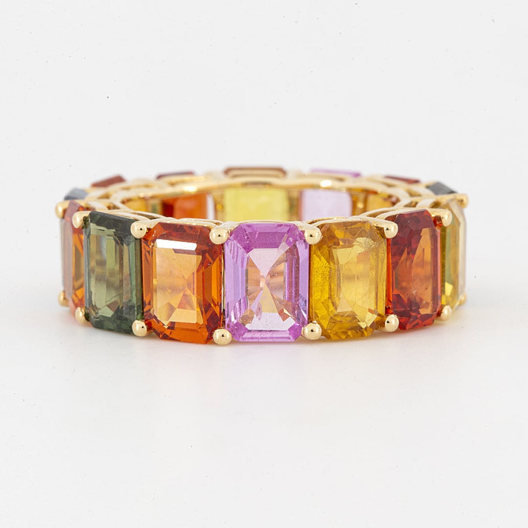 Emerald Cut Rainbow Eternity Band, Multicolor Sapphire Band Ring ...