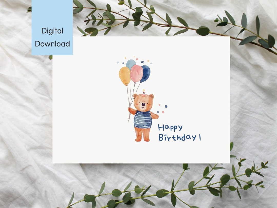 Bear and Balloon Card, Happy Birthday Card, Printable Greeting Card ...