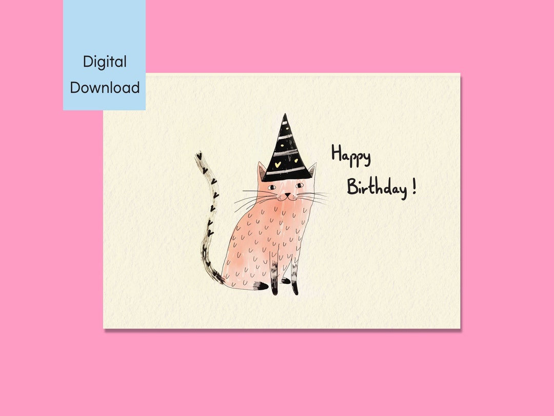 Cute Cat Card, Happy Birthday Card, Printable Greeting Card, Digital ...