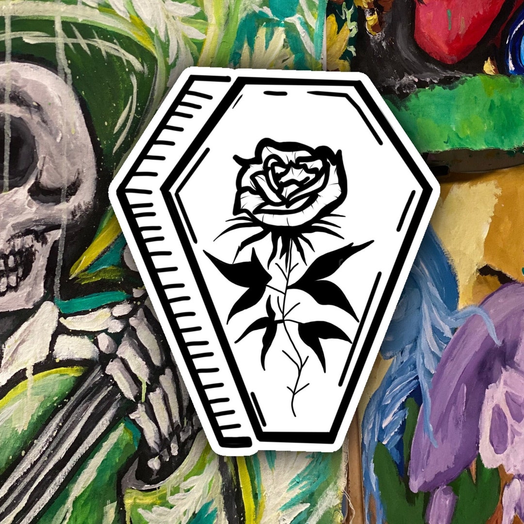 Black and White Coffin Rose Vinyl Sticker | Handmade Waterproof Decal ...