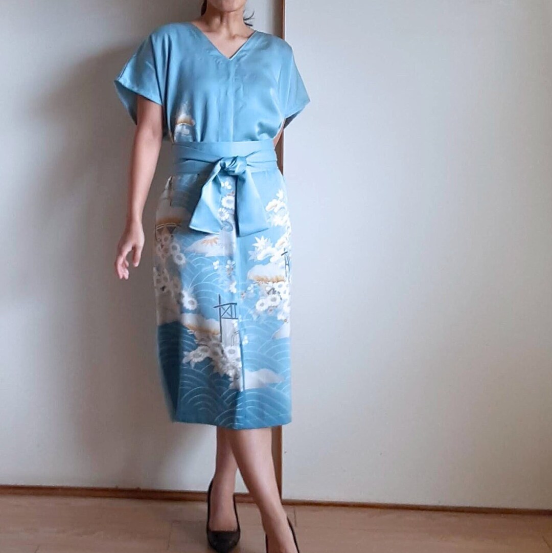 Japanese vintage kimono dress, Upcycled Tsukesage kimono, pale blue ...