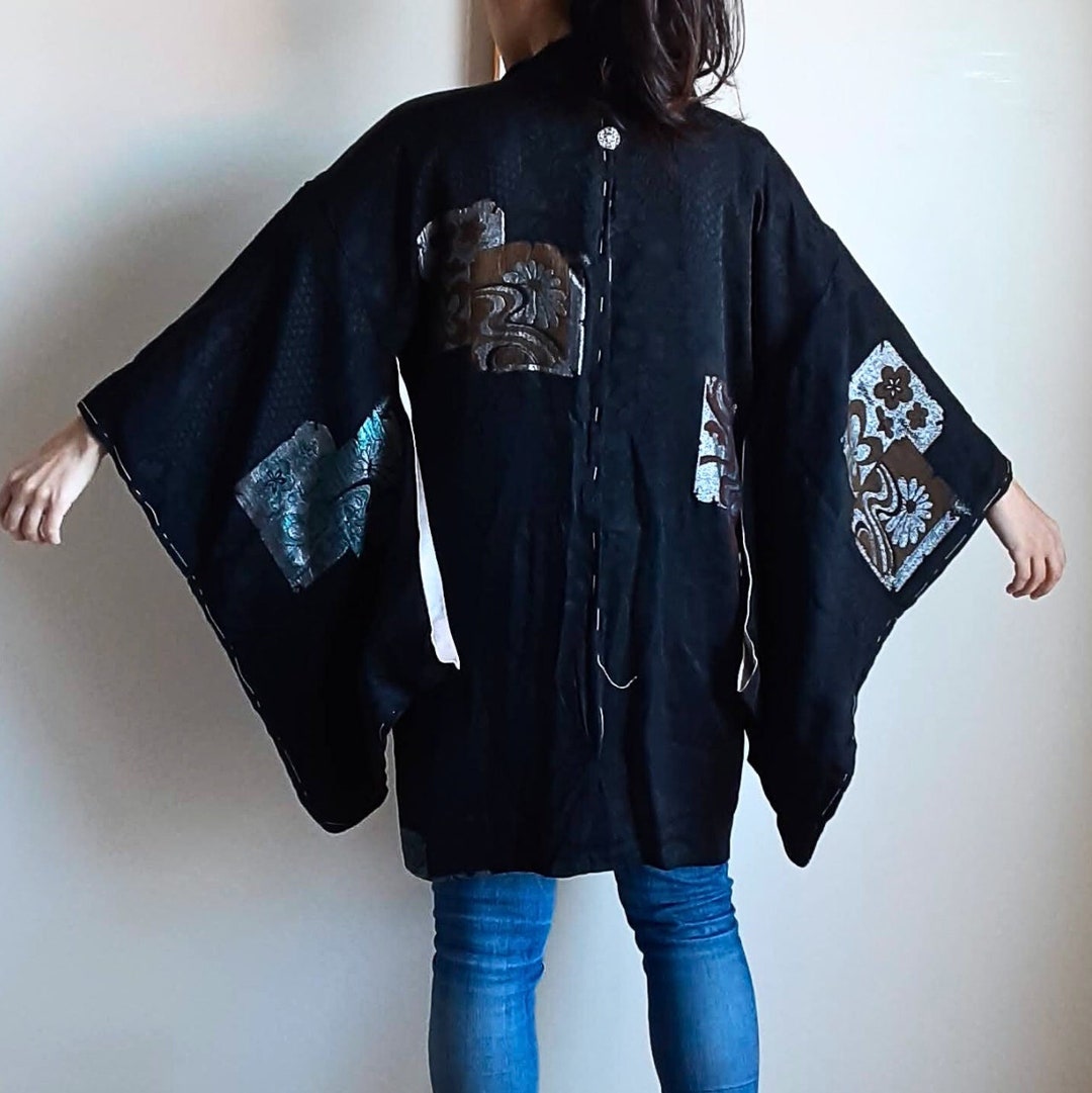 Vintage Japanese Kimono Jacket, Black Haori Jacket, Haori With Mon ...
