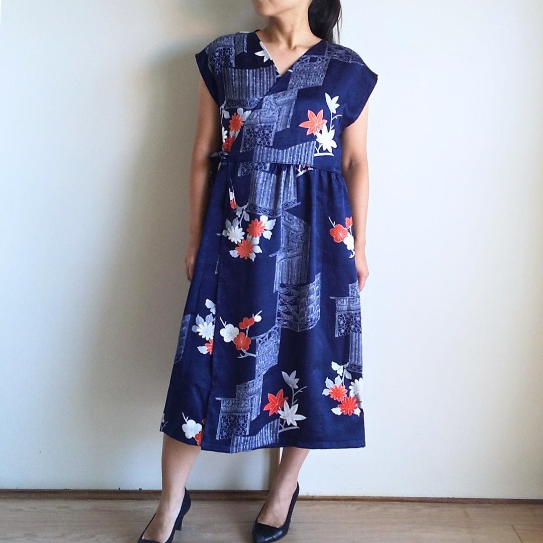 Japanese Kimono Wrap Dress, Vest, Upcycled Kimono Dress, Glossy Navy ...