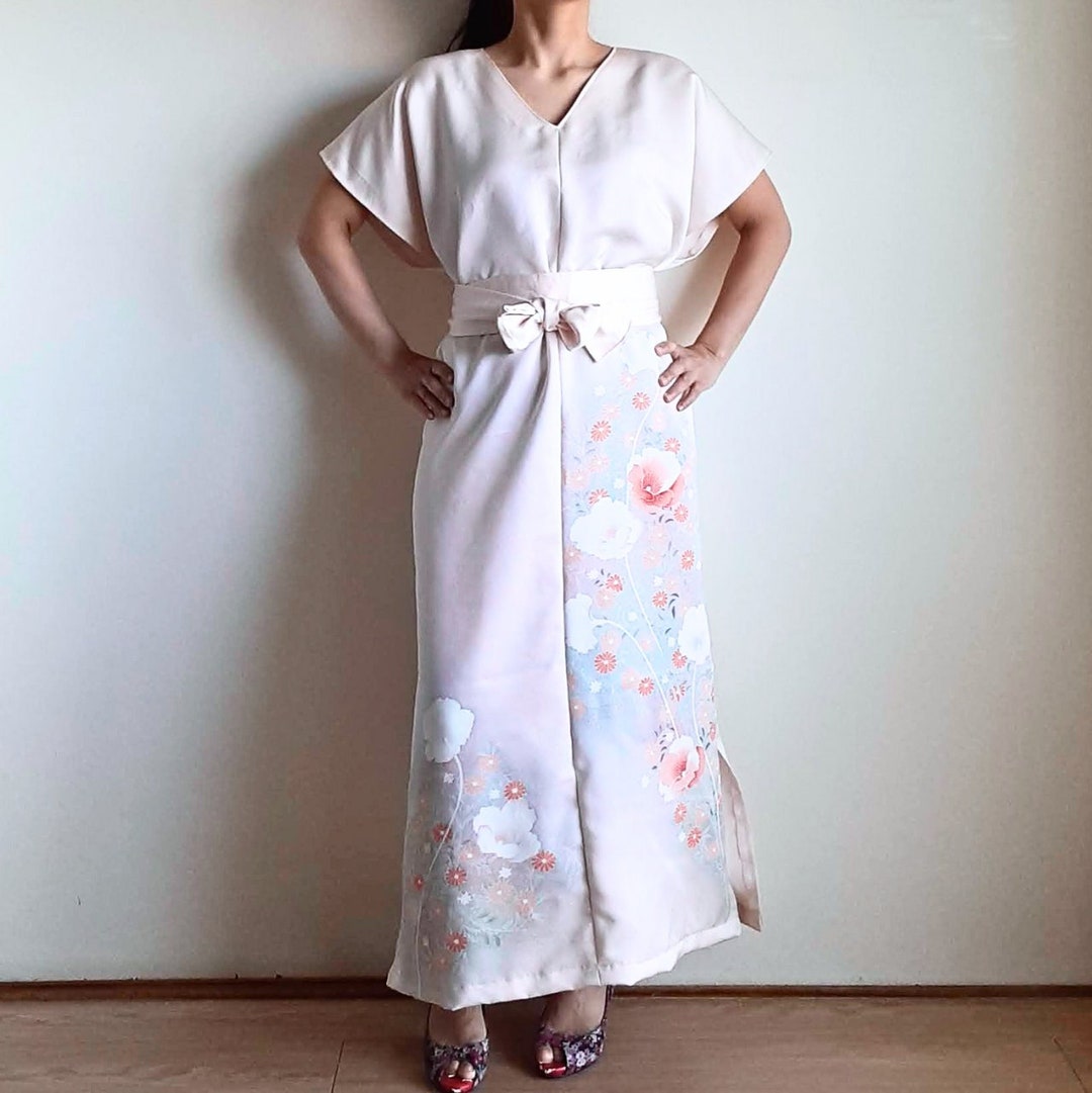 Upcycled Japanese Kimono Dress, Tsukesage, Pale Pink, Sustainable ...