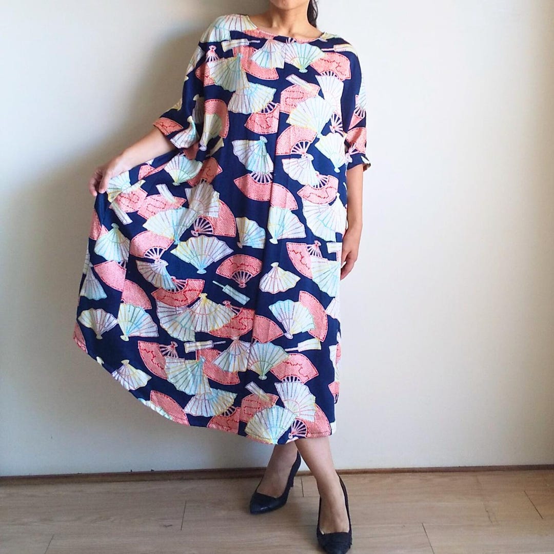 Upcycled Japanese Vintage Kimono A-line Loose Fit Dress, Navy Blue, Fan ...