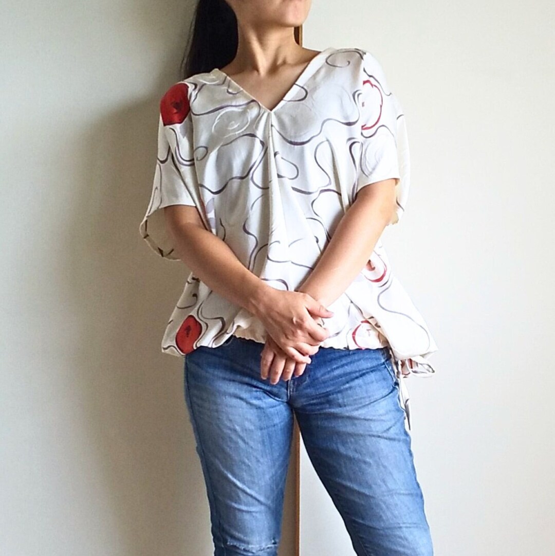 Upcycled Japanese Vintage Kimono Top, V-neck Blouse With Drawstring Hem ...