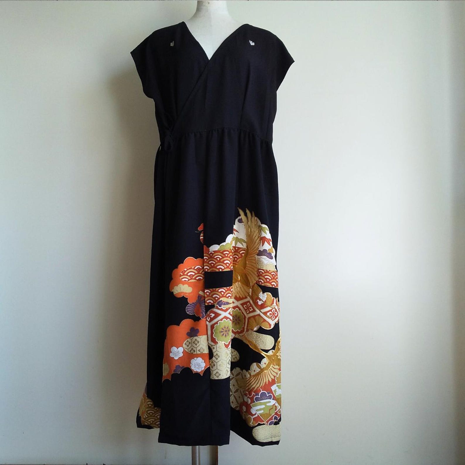 Kimono wrap dress, V neck open back, Upcycled black tomesode ...