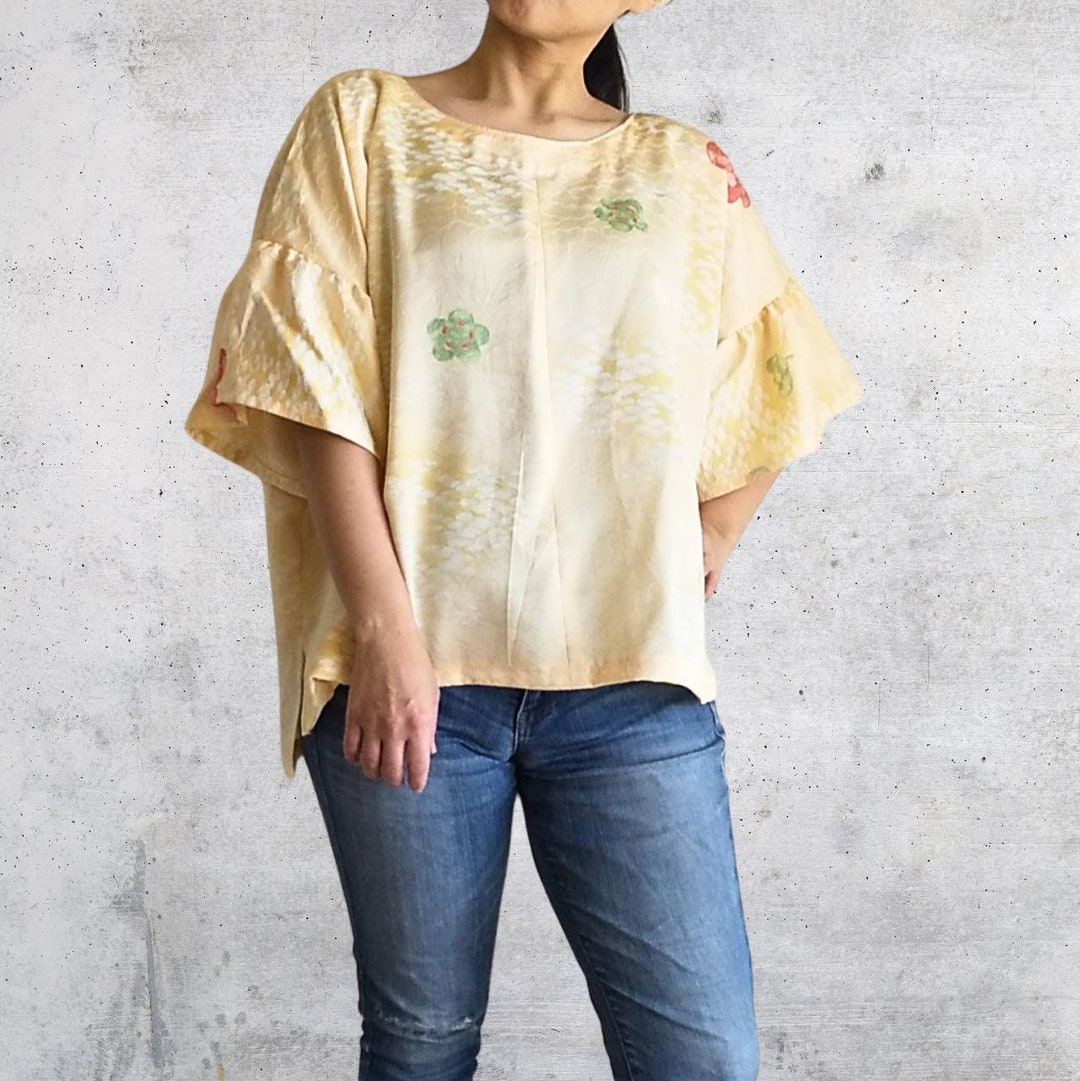 Upcycled Japanese Vintage Kimono Blouse, Ruffled Sleeve Top, Loose Fit ...