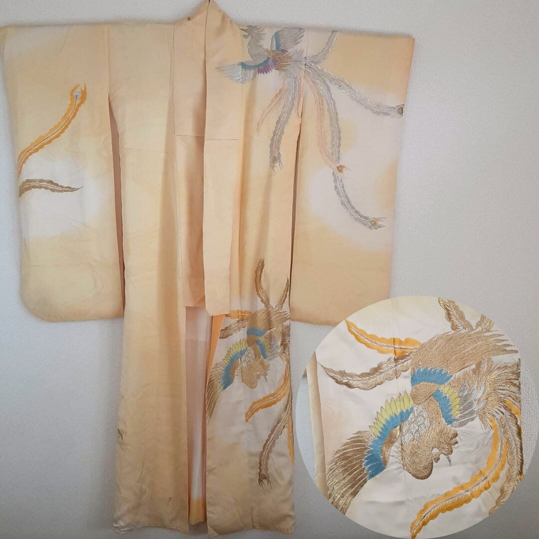 Japanese Vintage Kimono, Furisode, Cream Yellow, Embroidered, Phoenix ...