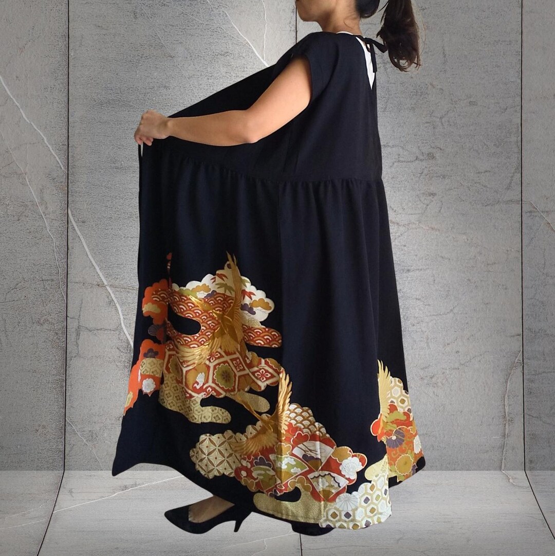 Kimono wrap dress, V neck open back, Upcycled black tomesode ...