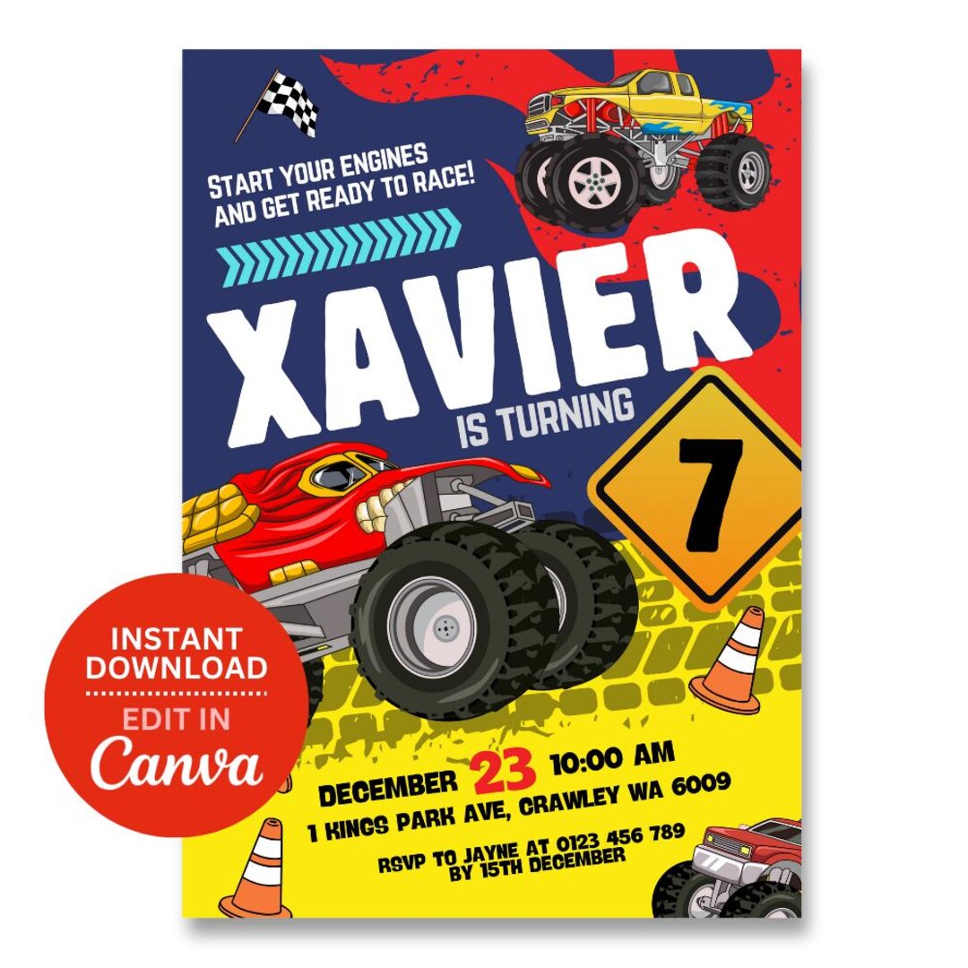 Vroom Vroom! Monster Trucks Celebration Invitation | High-speed Party ...