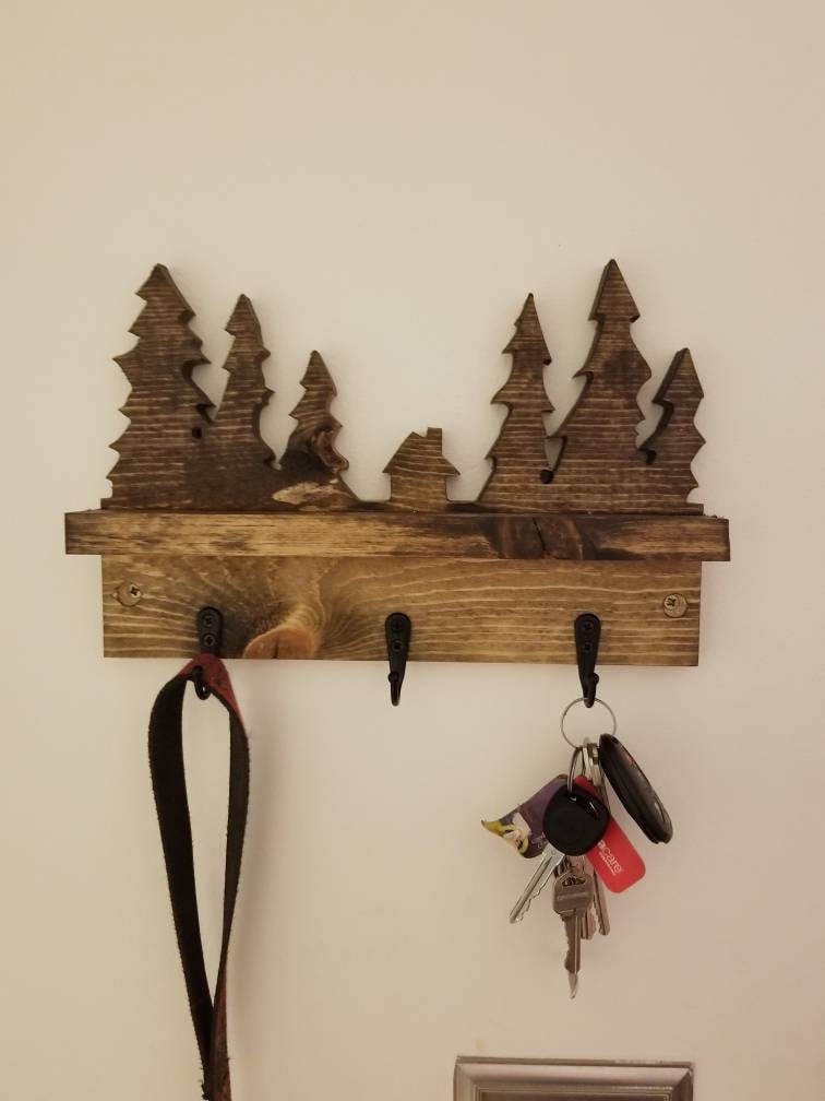 Pine Tree Key Holder for Wall With Shelf, Rustic Cabin Decor, Entryway ...