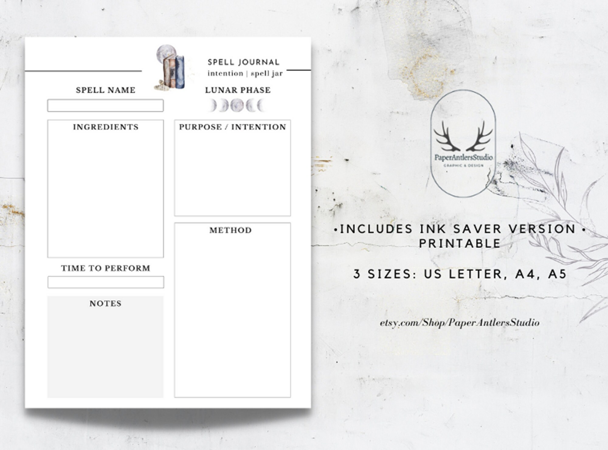 Spell Journal Page Grimoire Printable, Book of Shadows Watercolor Moon ...