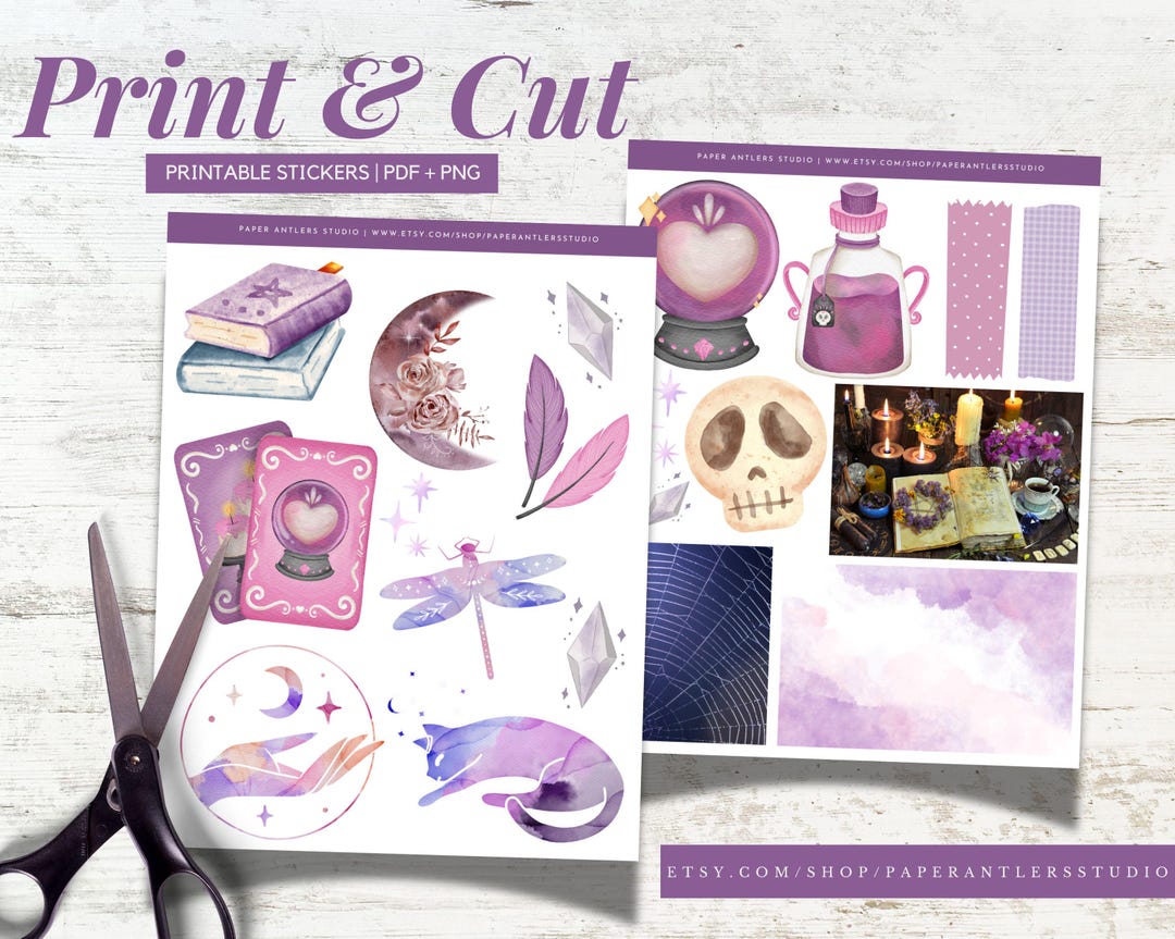 Printable Pink Purple Mystical Witch Spiritual Elements Journal Sticker ...