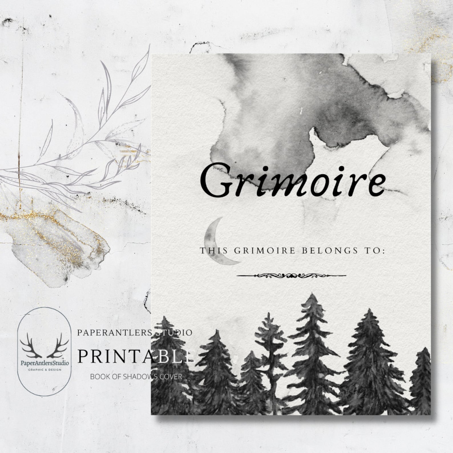 Grimoire, Book of Shadows Title Page Watercolor Forest Dark / Digital ...