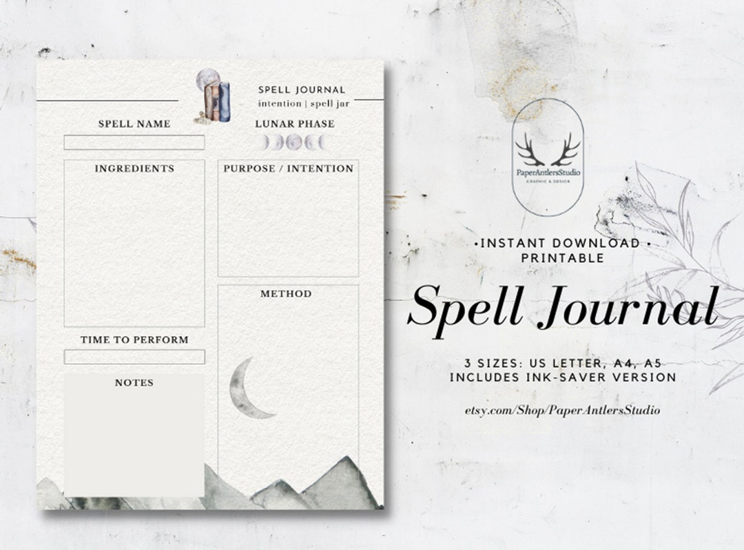 Spell Journal Page Grimoire Printable, Book of Shadows Watercolor Moon ...