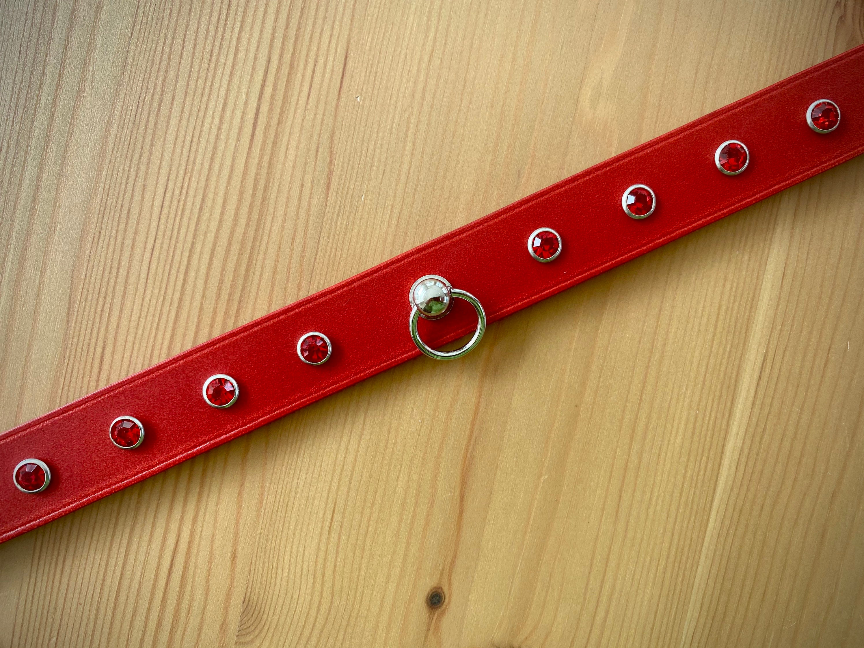 High quality Red Leather Collar with centre ring and stud | Etsy