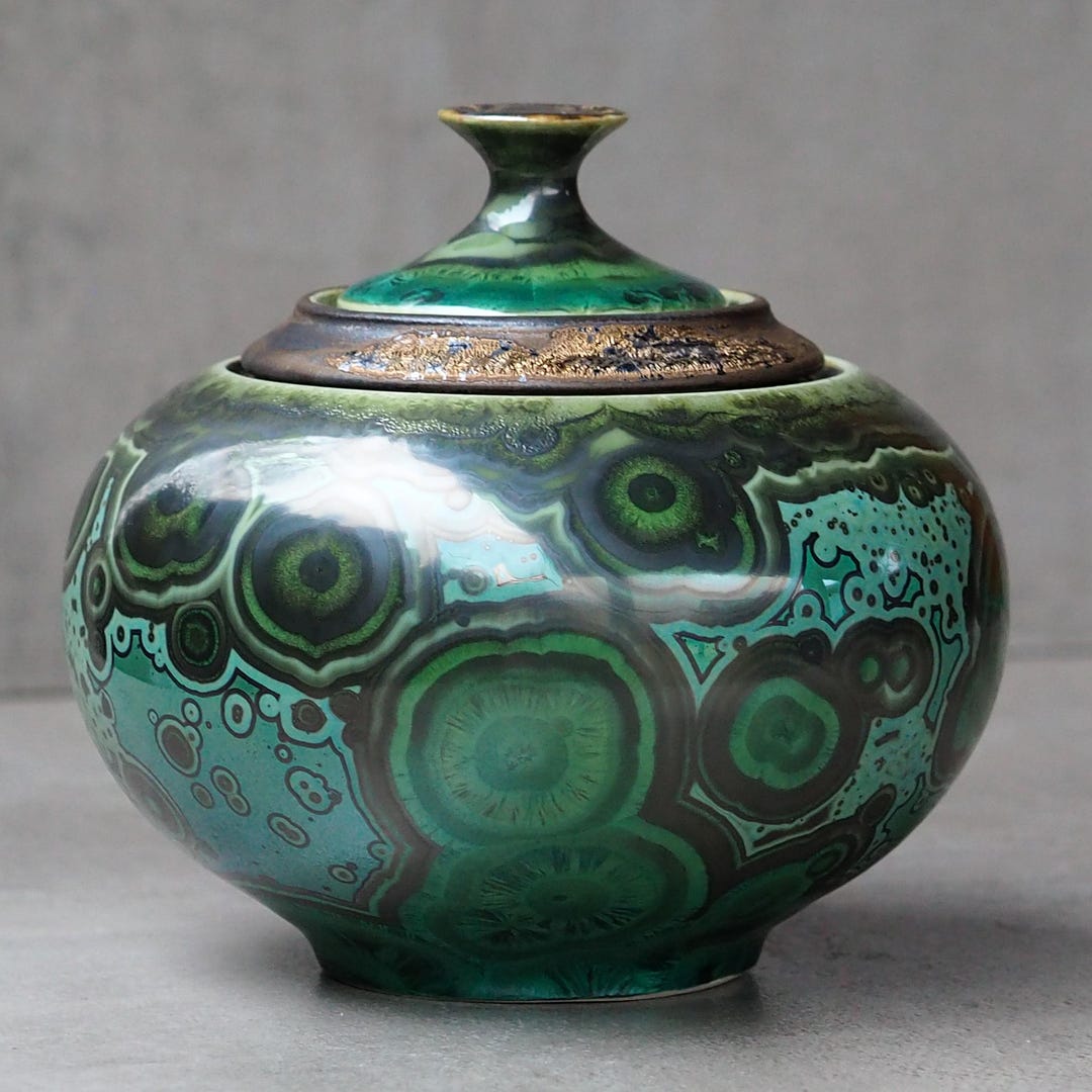 Small Ceramic Cremation Artistic Urn for Ashes With Green Crystalline ...