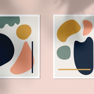 Set of 2 Mid Century Abstract Prints | Navy, Pink and Yellow Shape ...