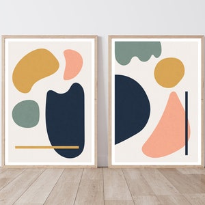 Set of 2 Mid Century Abstract Prints | Navy, Pink and Yellow Shape ...