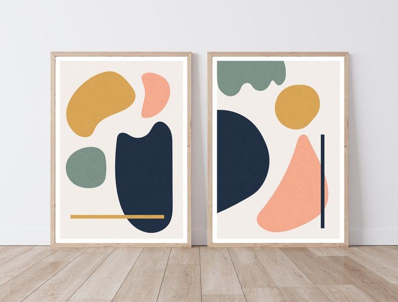 Set of 2 Mid Century Abstract Prints Navy Pink and Yellow - Etsy