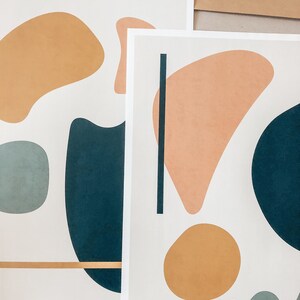 Set of 2 Mid Century Abstract Prints | Navy, Pink and Yellow Shape ...