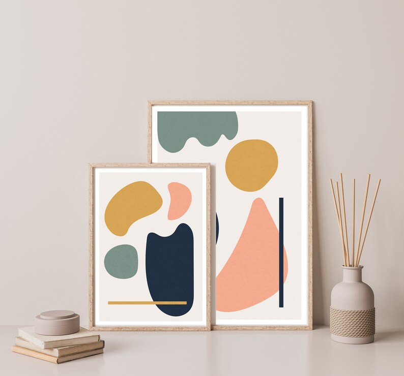 Set of 2 Mid Century Abstract Prints Navy Pink and Yellow - Etsy