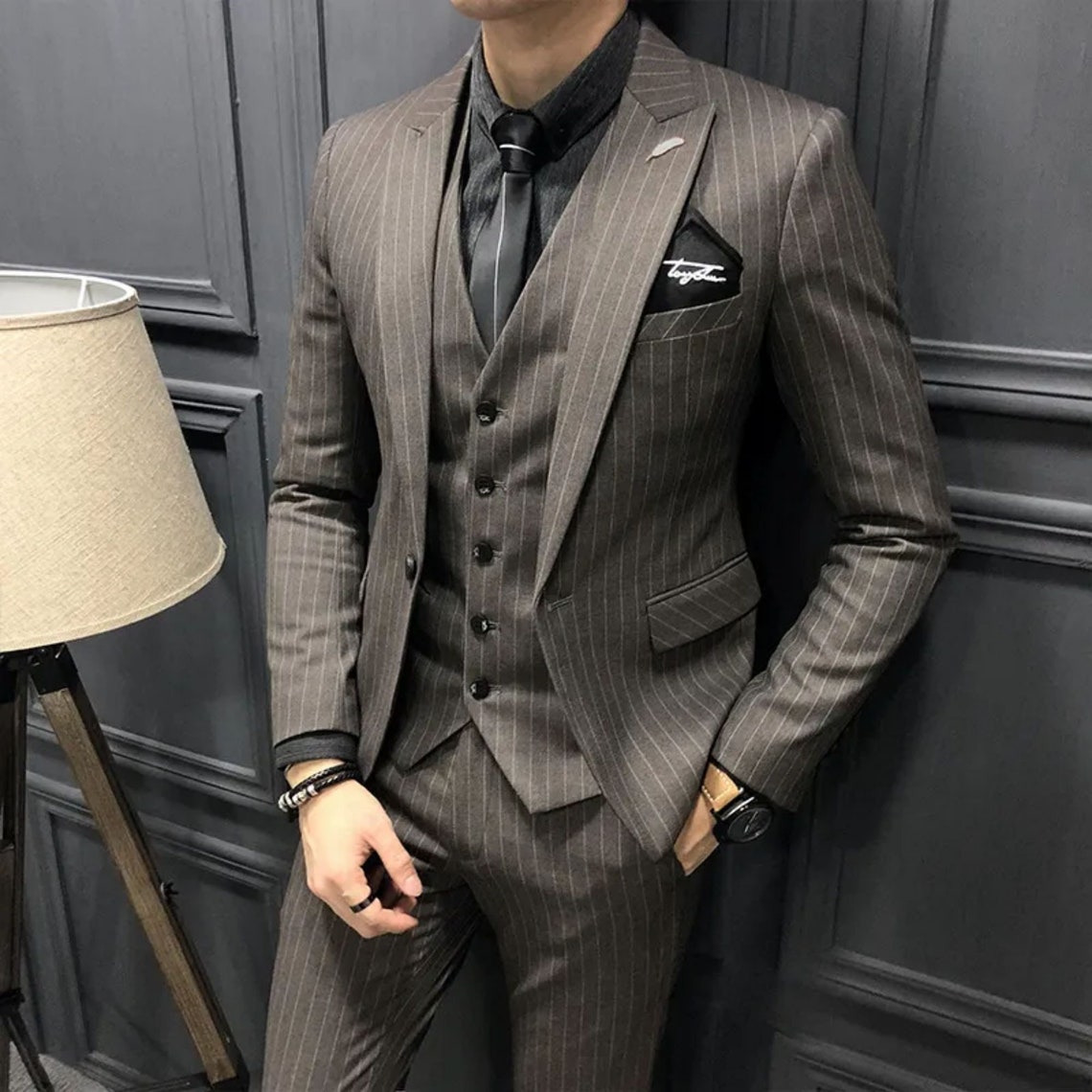 One Box in 3 Striped Suit, Elegant Black Grey Camel, Tailcoat ,acetate ...