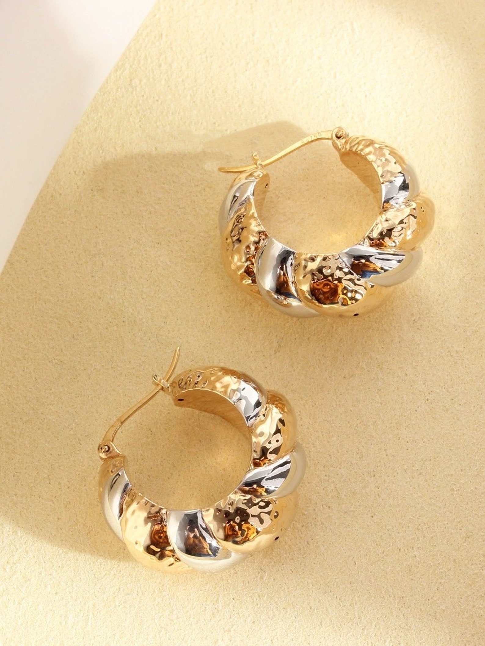 18K Solid Gold Two Tone Twist Hoop Earrings, Classic Tube Hoops, Chunky ...