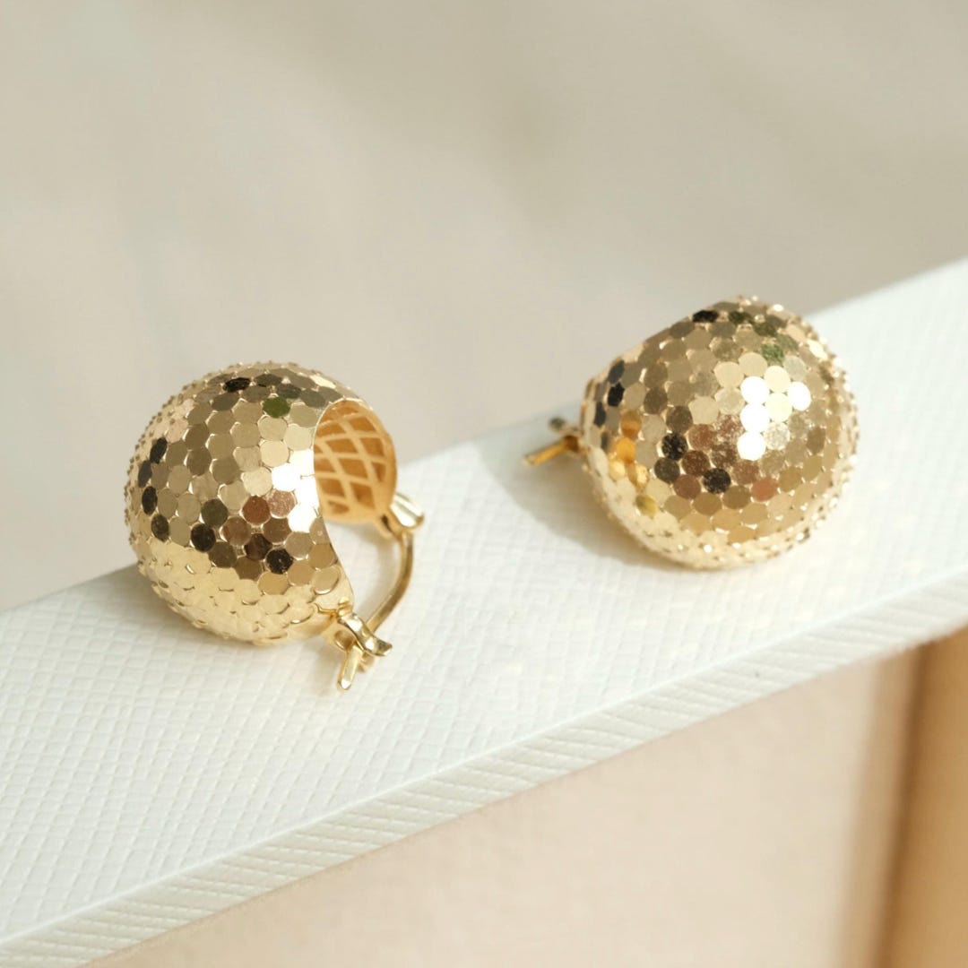 18K SOLID Gold Thick Chubby Huggie Earrings, Big Ball Earrings, Chunky ...