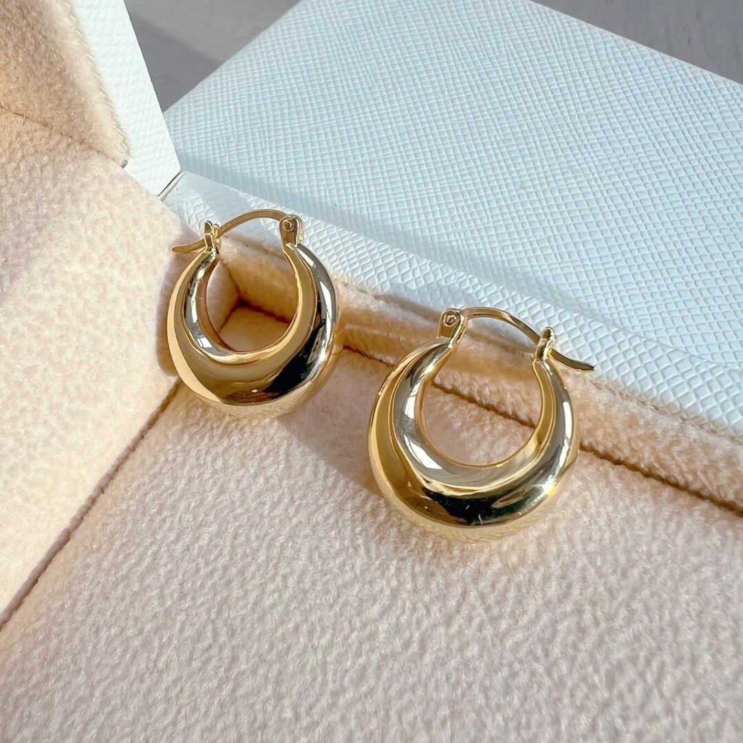 18K Solid Gold Circle Earrings Minimalist Chunky Huggie Hoop - Etsy